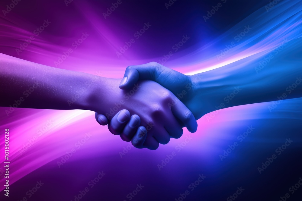Handshake on the pink and blue modern, abstract wavy background. Hands ...