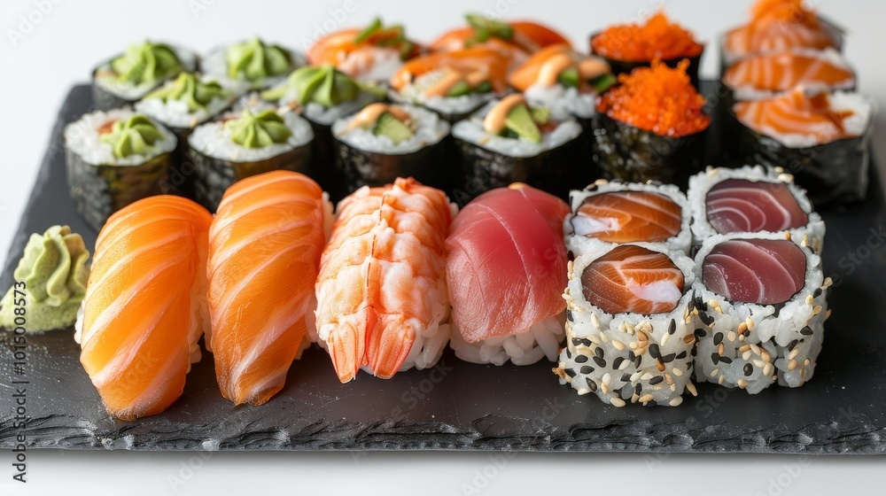 Artful display of sushi types including dragon rolls, avocado maki, and ...