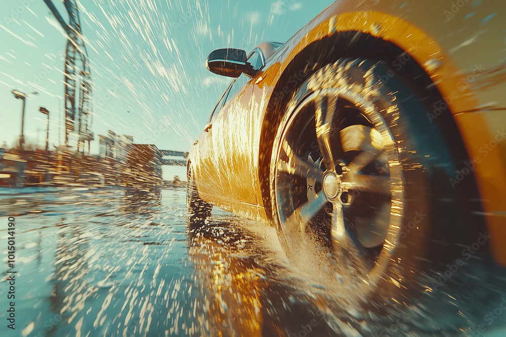Car wheel close-up on a wet road with visible tire tread and rim. See ...