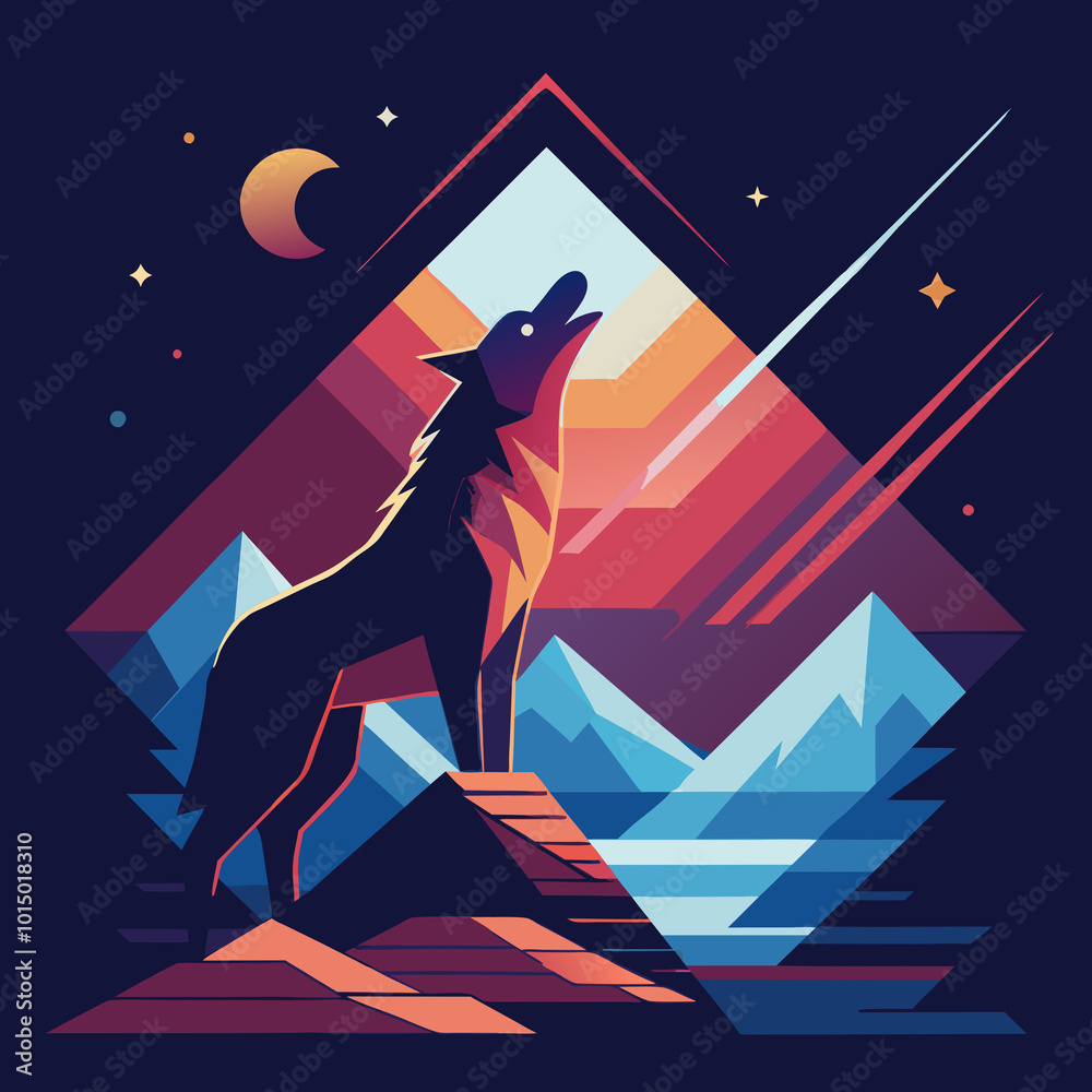Geometric style illustration of a wolf howling against a mountain ...