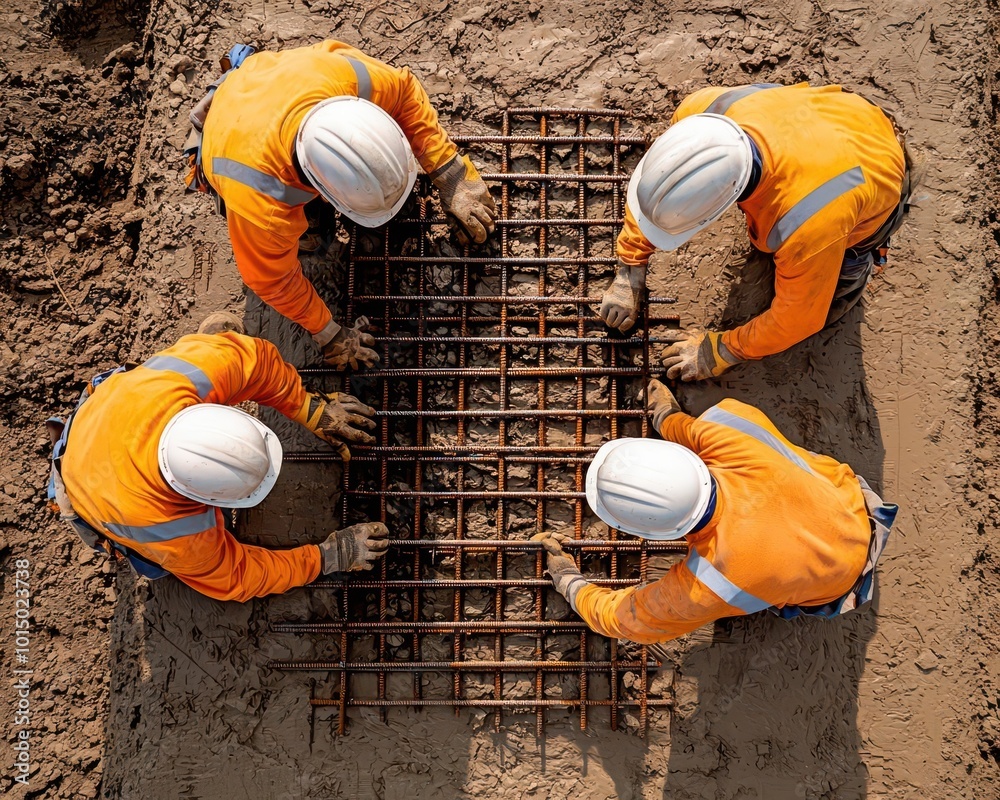 Construction team laying rebar framework for concrete slab foundation ...