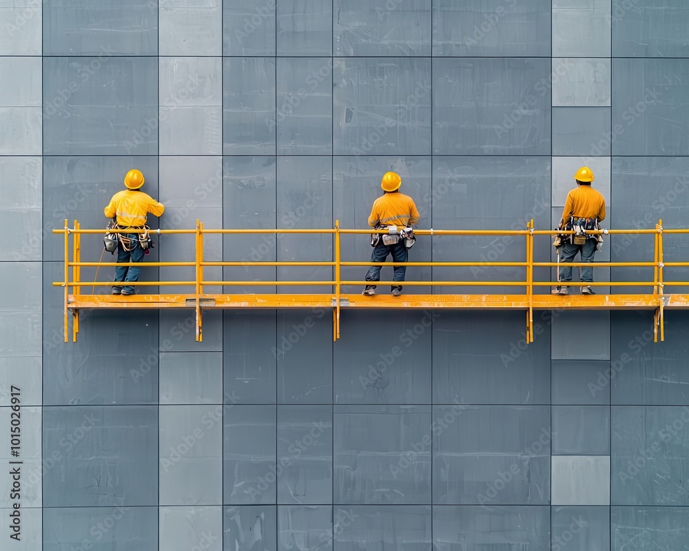 Construction team assembling scaffolding on a high-rise building ...