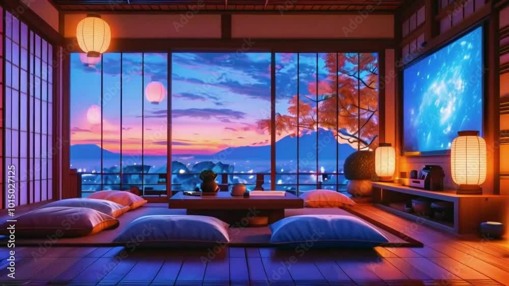 Animated virtual backgrounds, cozy lo-fi warm Japanese living room with ...