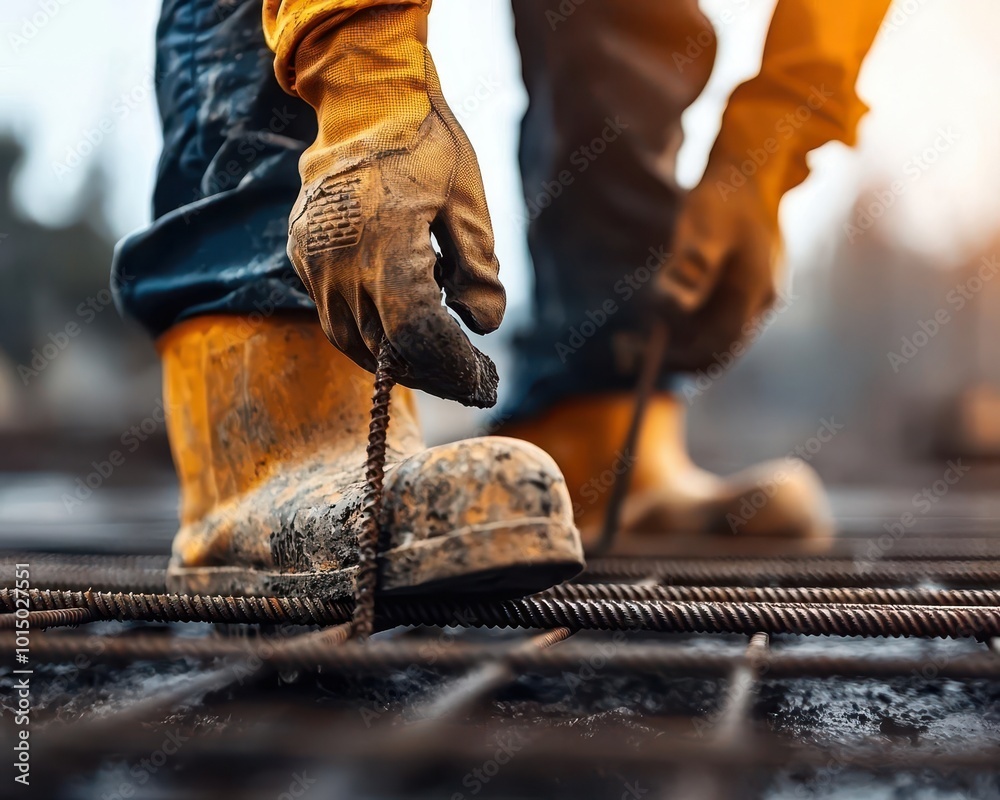Construction team laying rebar framework for concrete slab foundation ...