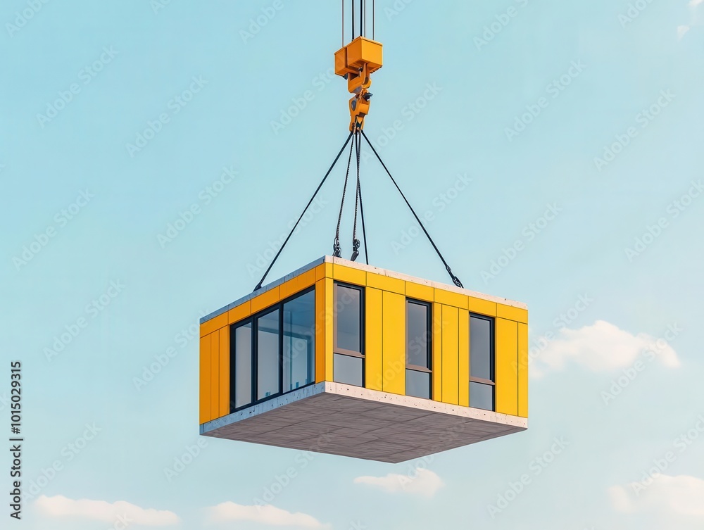 Crane lifting a prefabricated home unit into place on construction site ...
