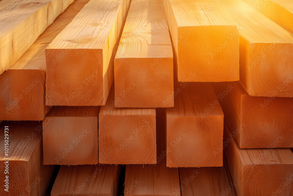Stacked wooden beams in sunlight at a lumber yard during the golden ...
