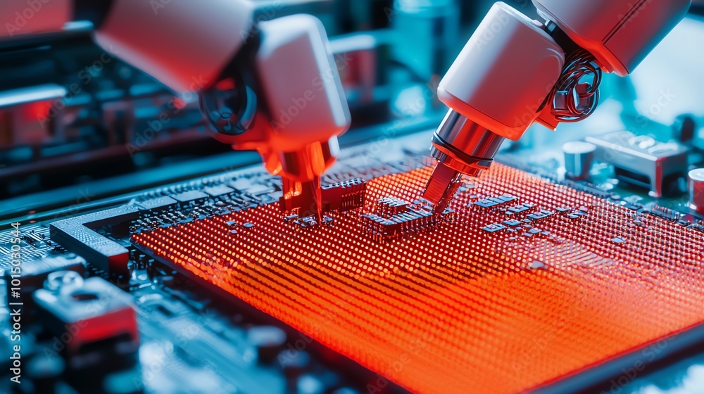 Hightech computer chip assembly line, bright lighting, closeup of ...