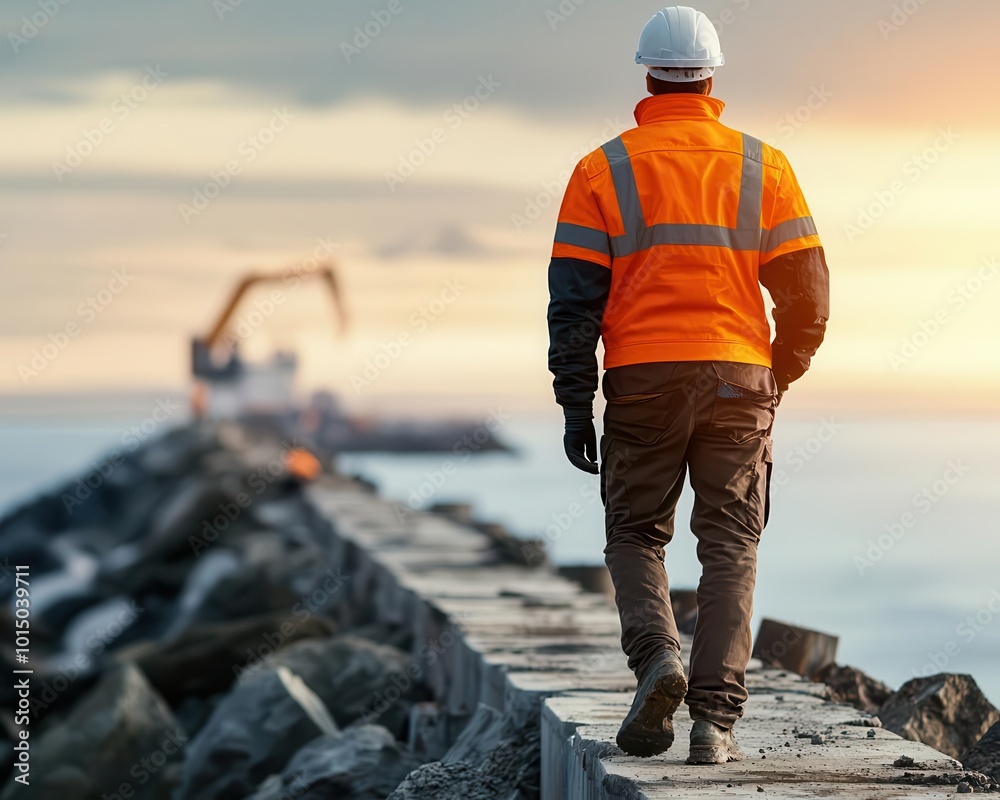 Engineer overseeing construction of a breakwater to protect a coastal ...