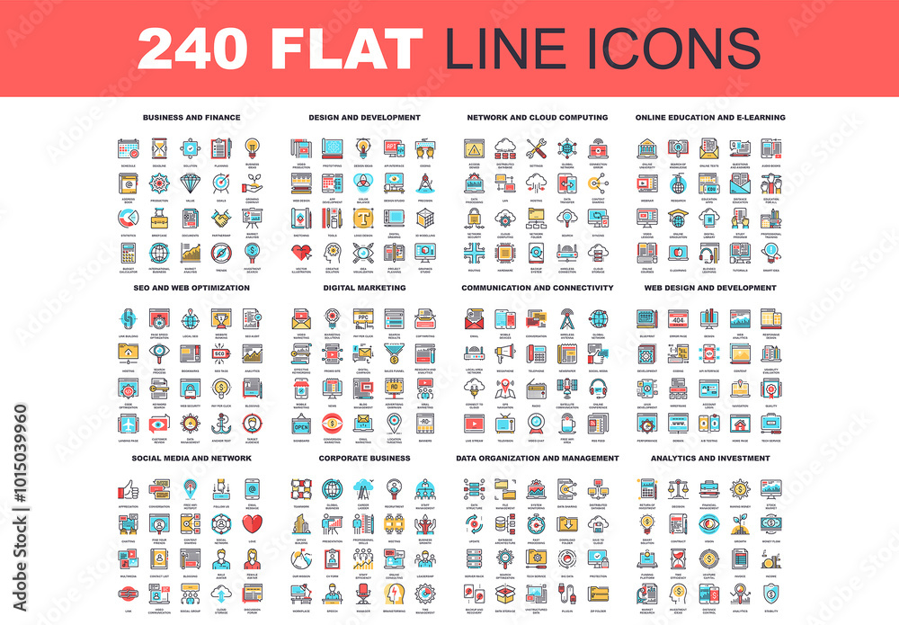 Vector set of 240 64X64 pixel perfect flat line web icons. Fully editable and easy to use. Stock ...
