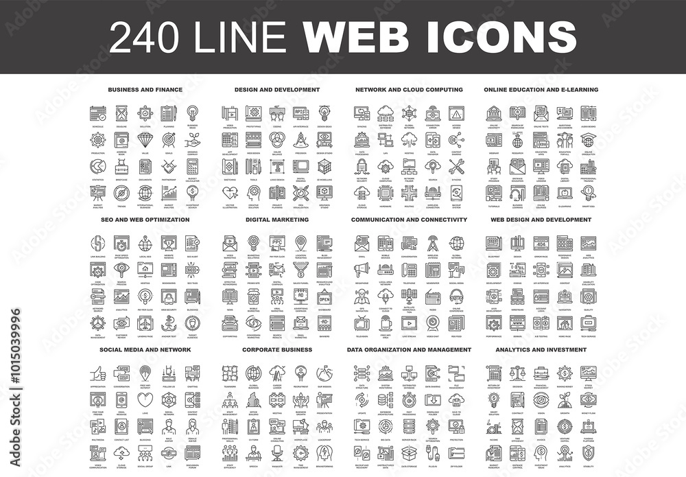 Vector set of 240 64X64 pixel perfect flat line web icons. Fully ...