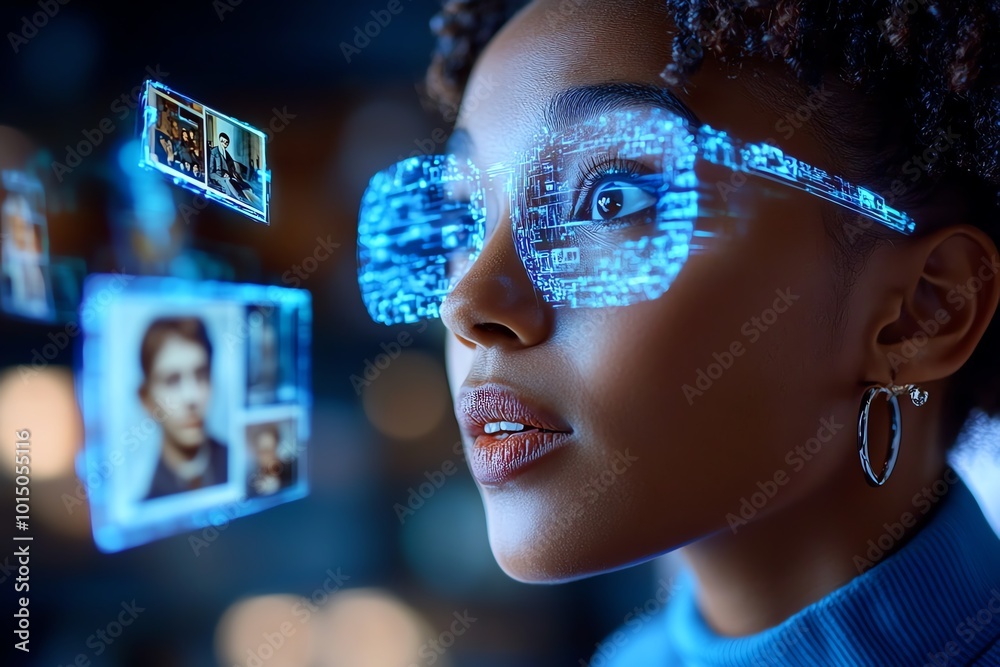 3D-rendered depiction of a person looking at a holographic projection ...