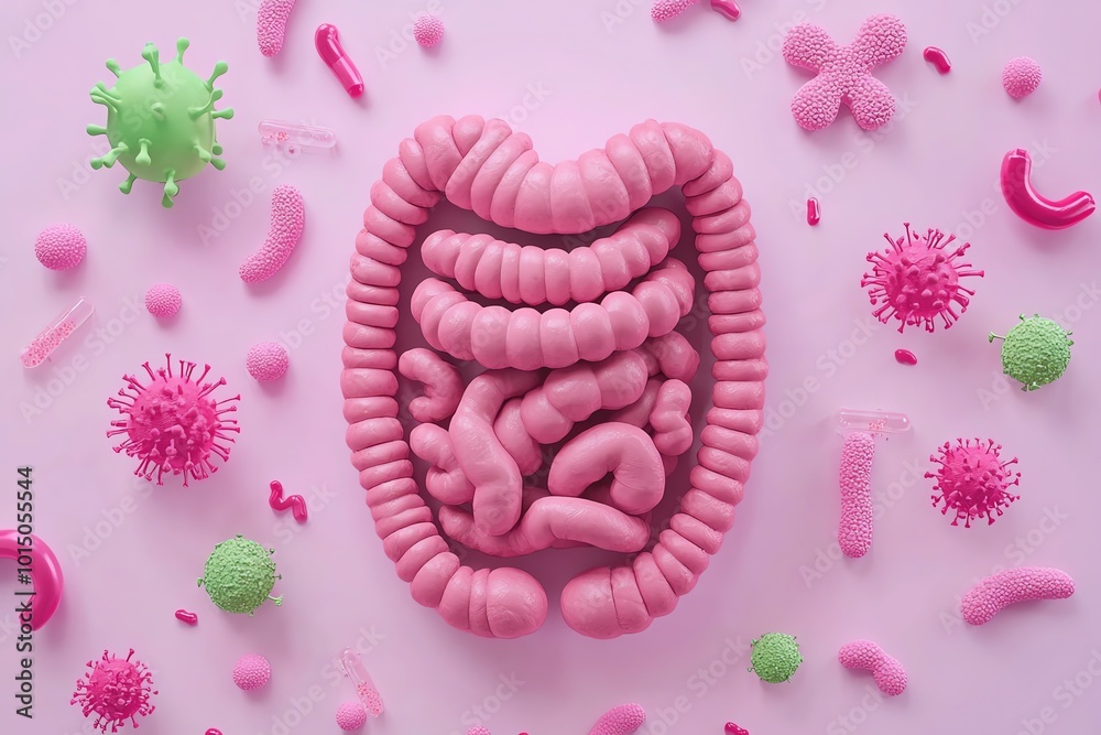 Colorful illustration of intestines surrounded by various ...