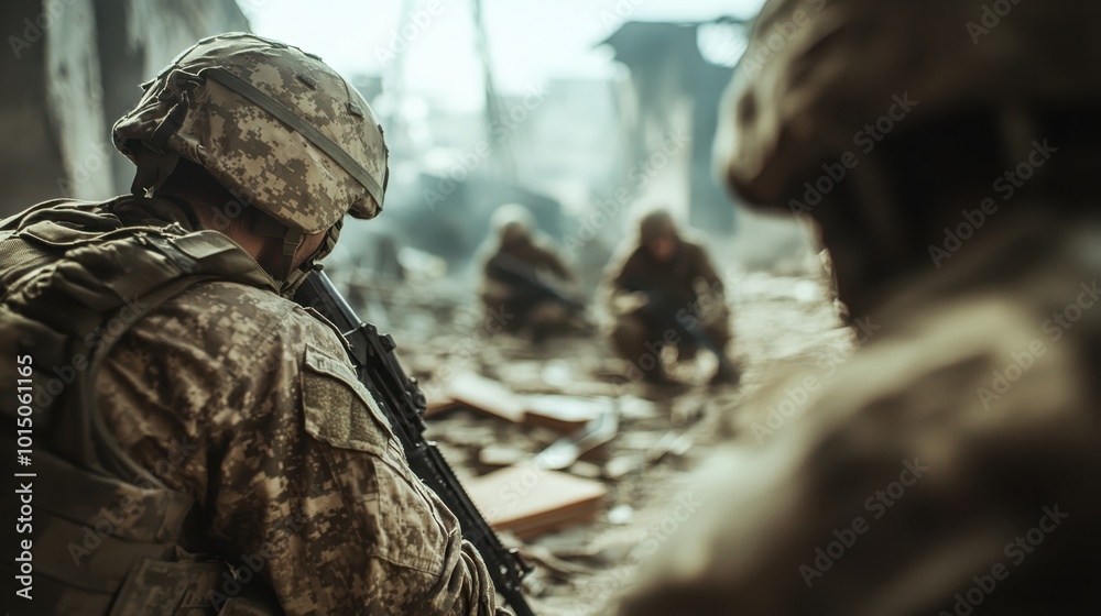 A soldier in full armor readies his weapon amidst conflict, conveying ...