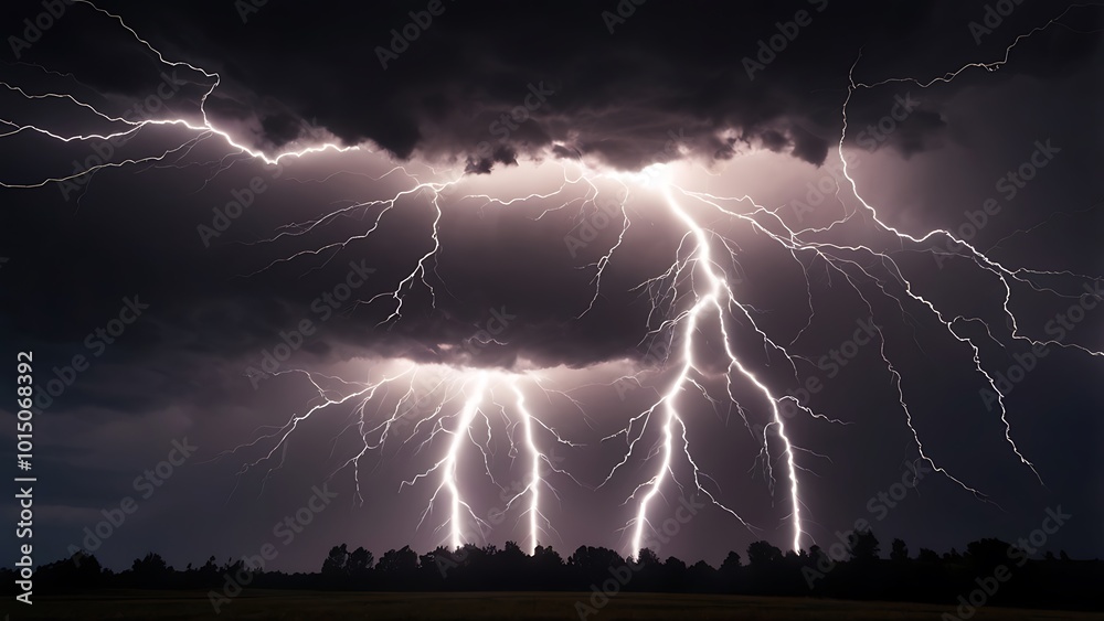 Electric lightning bolts cutting across a dark sky, with intense light ...