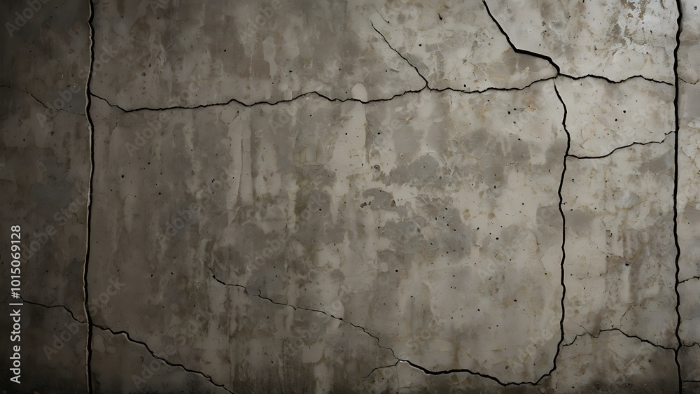 A rough concrete wall texture with deep cracks and chipped areas ...