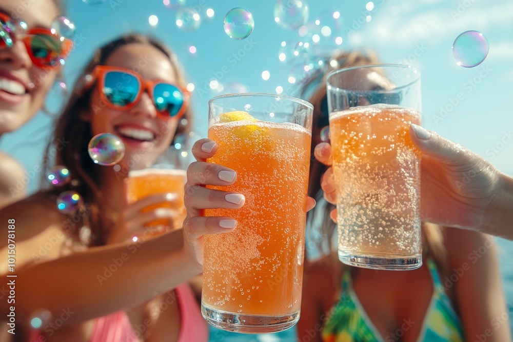 Happy friends cheering with tropical cocktail in boat party with soap ...