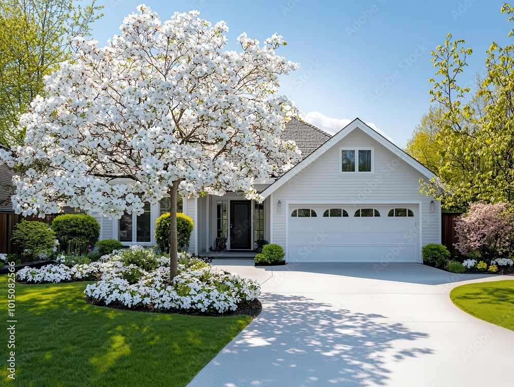 Contemporary home with large dogwood trees, adding seasonal white ...