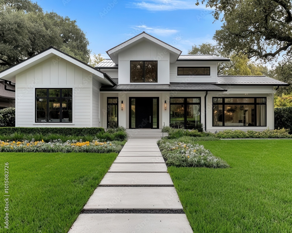 Modern farmhouse exterior with majestic elm trees framing the front ...