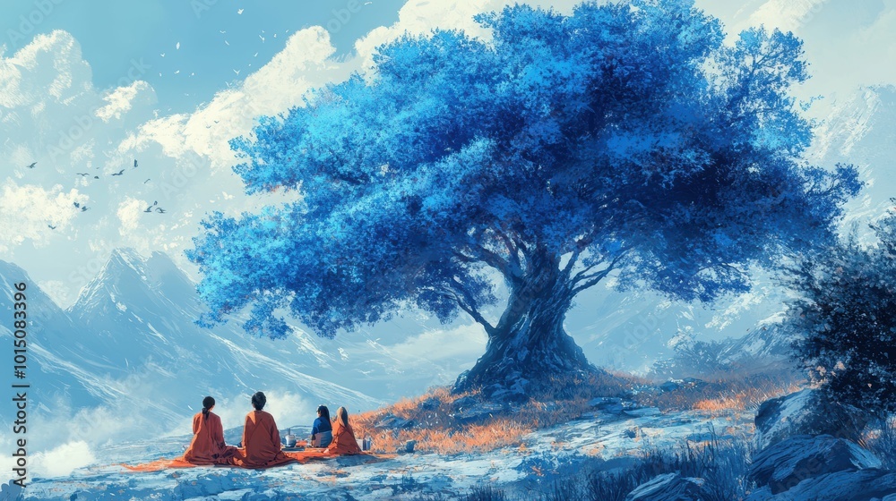 Sami friends enjoying a picnic under a sprawling, blue-colored tree ...