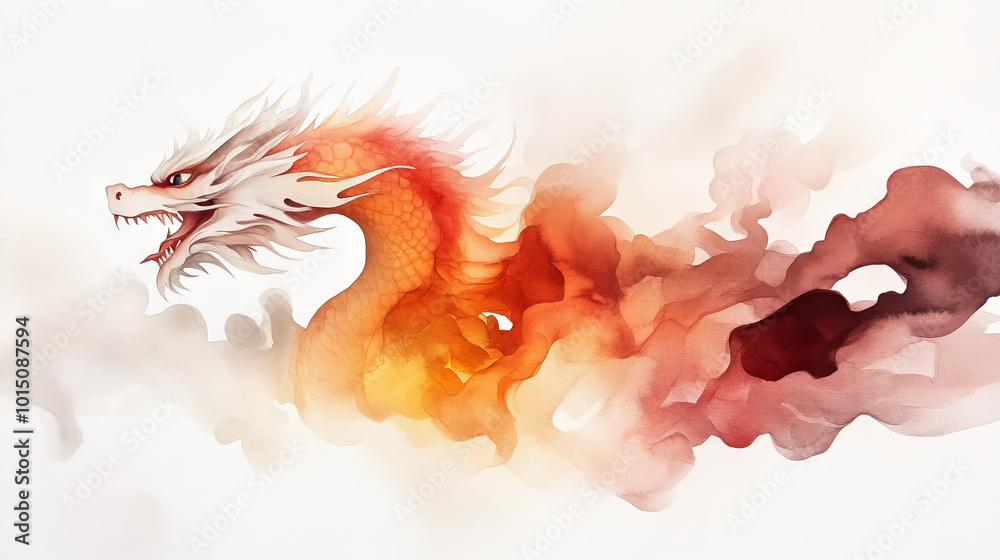Watercolor painting of a red dragon with smoke. The dragon is drawn ...