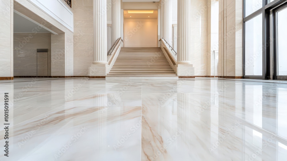 Hotel lobby under construction, marble floors being installed, grand ...