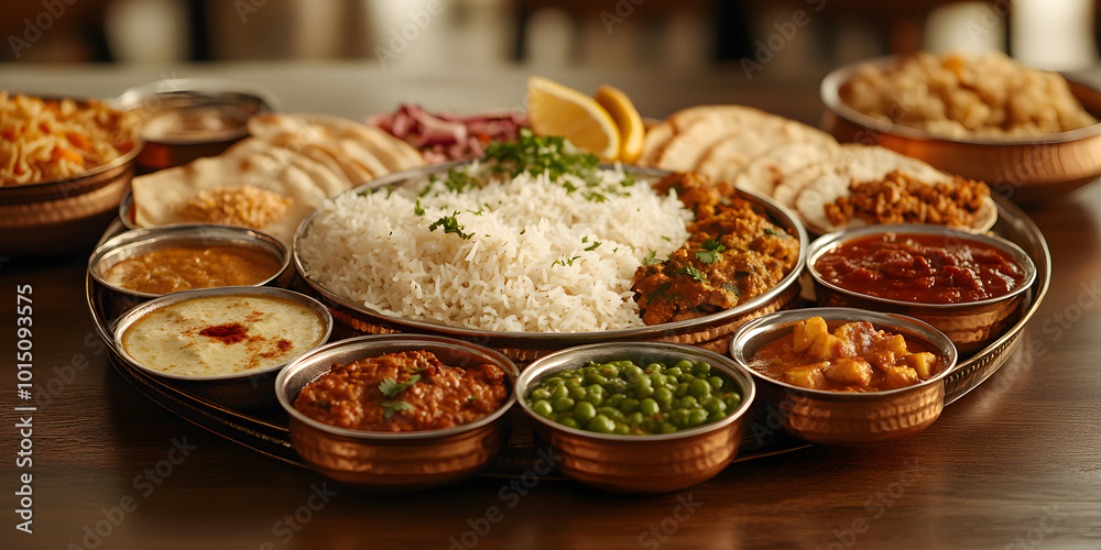 traditional Indian cuisine, Thali bowls on restaurant table Stock Photo ...