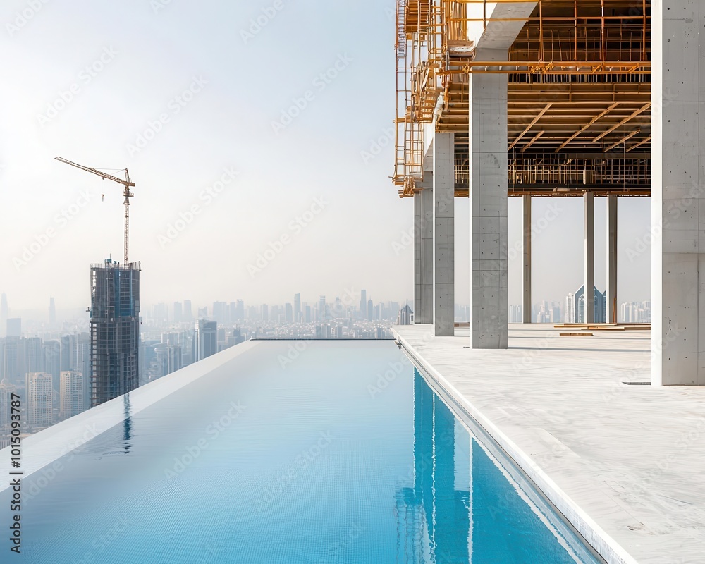 Rooftop infinity pool under construction, overlooking city skyline ...