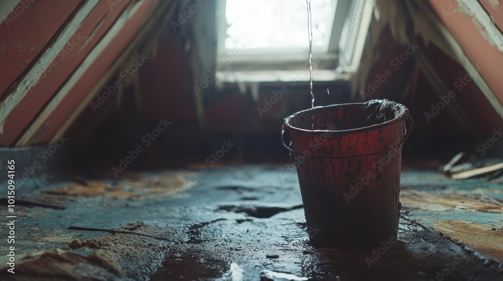 Water dripping from a damaged roof into a rusted bucket in a neglected ...