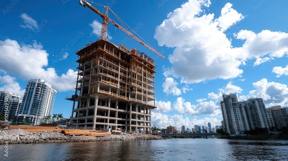 Hotel under construction by river, bridge in background, scenic ...