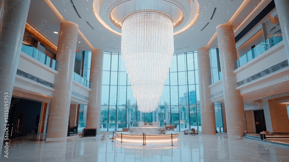 Hotel lobby under construction, grand chandelier being installed ...