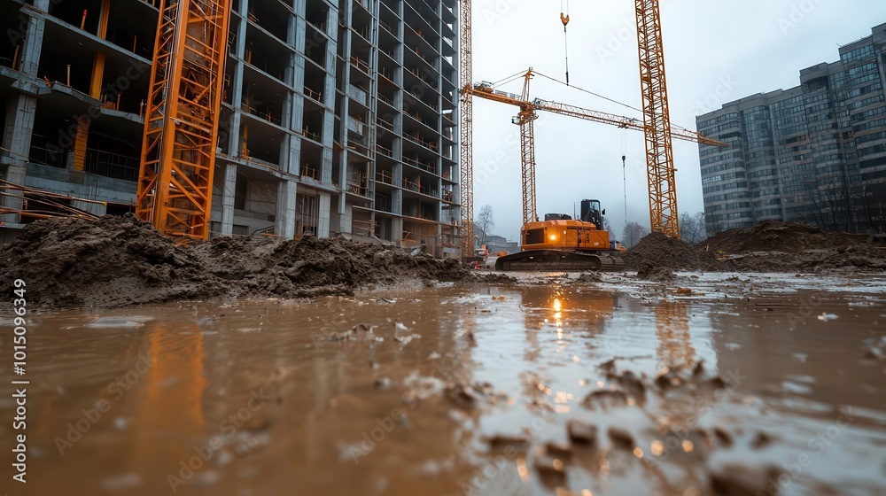 Urban hotel construction site during heavy rain, waterlogged ground ...