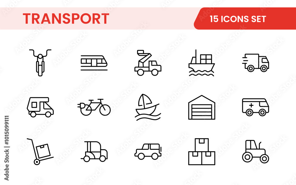 Transport icon set. Containing distribution, shipping, transportation, delivery, cargo, freight ...