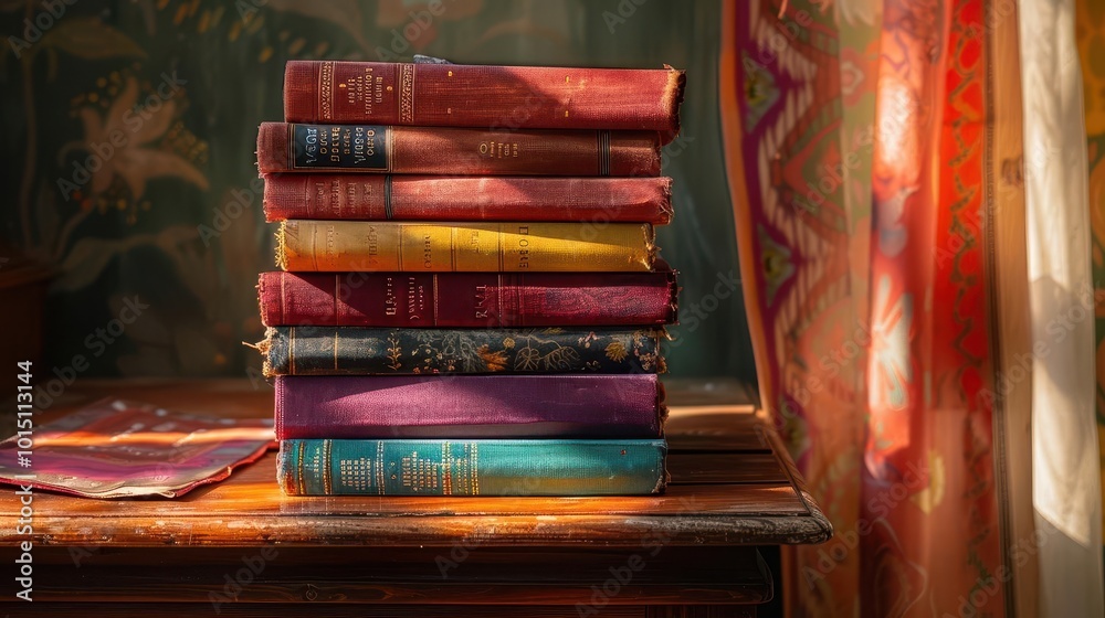 whimsical library still life towering stack of vintage books with ...
