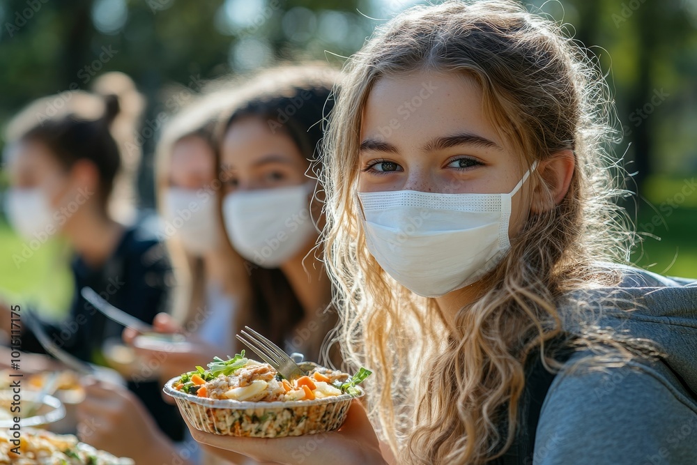Young people with face mask on the wrist having fun eating take away ...