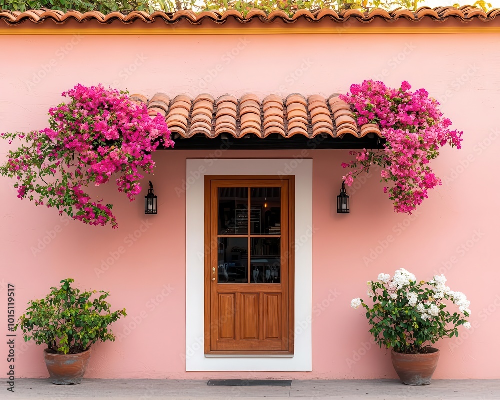 Mediterranean-inspired barber shop facade with tiled roof, stucco walls ...