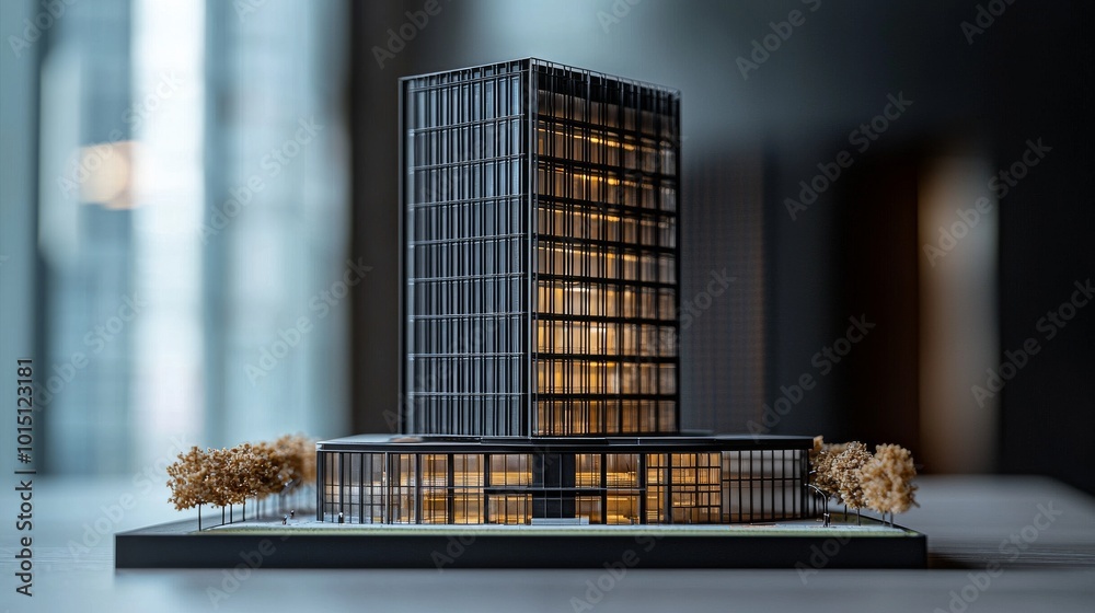A detailed scale model of a corporate skyscraper, showcasing its modern ...