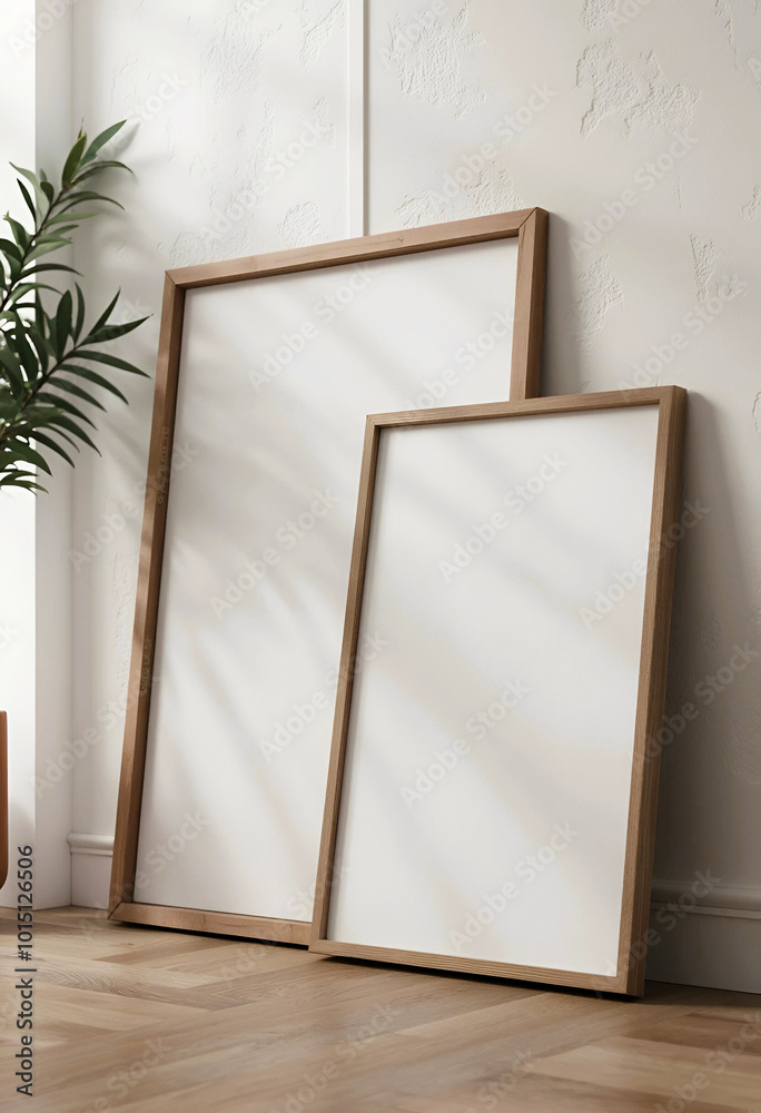Two wooden frames of different seizes from a side view on a floor with ...