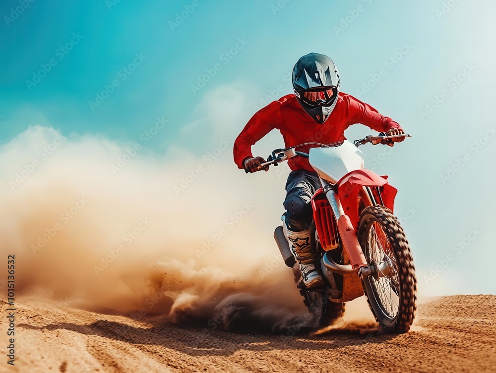 Dynamic shot of motocross rider leaning into a sharp curve, dust clouds ...