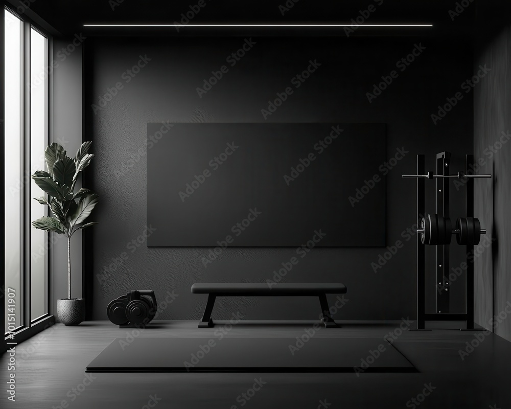 Minimalist gym with monochrome color palette, soft indirect lighting ...