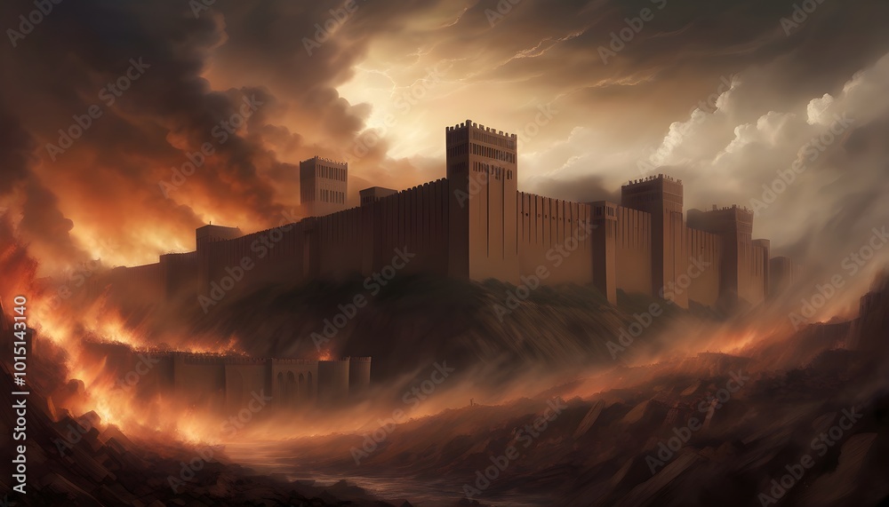 Dramatic collapse of Jerichos walls beneath a stormy, fiery sky ...