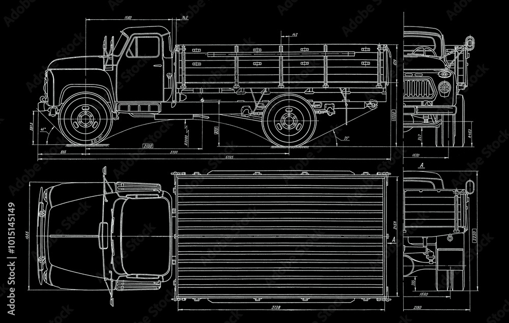 Engineering drawing of truck with dimensional lines and numerical ...
