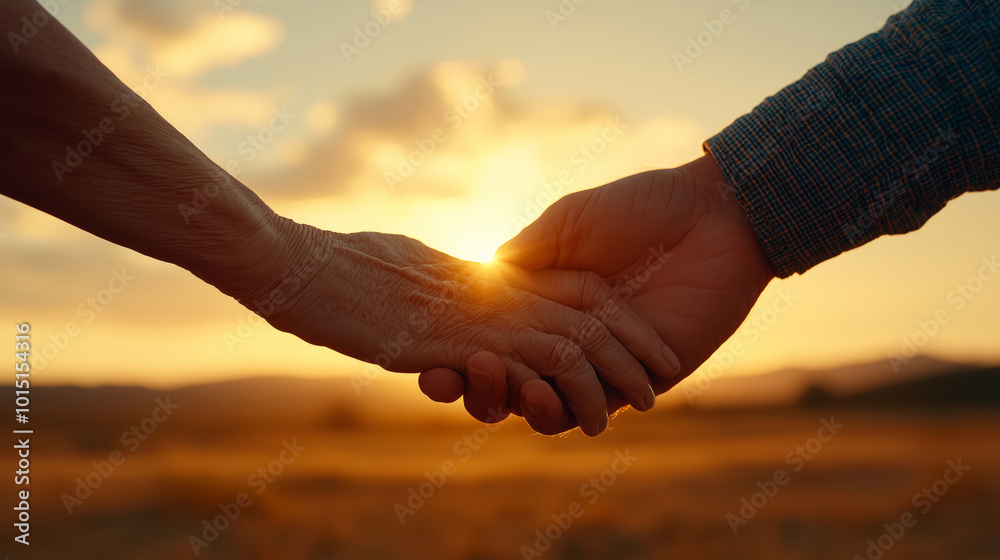 Two hands join together against a stunning sunset backdrop, symbolizing ...