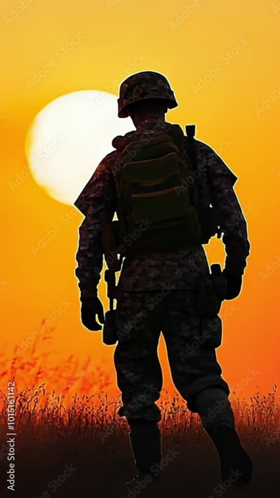 Soldier walking silhouette with bright sun in orange sky. War Concept ...
