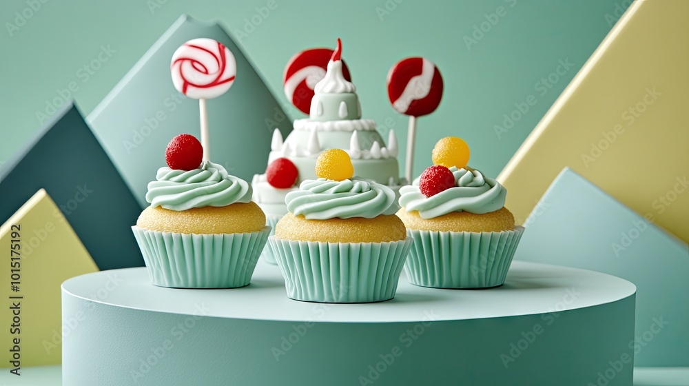 Dreamy candy landscape with a palace made of cupcakes and candy floss ...