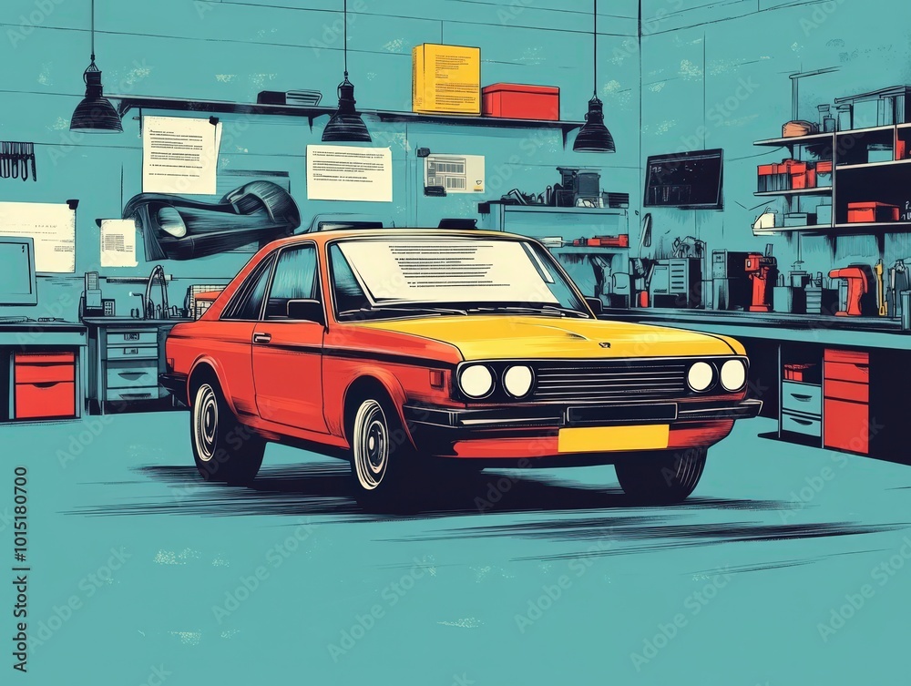 Vintage Workshop: A classic red and yellow car sits in a vibrant blue ...