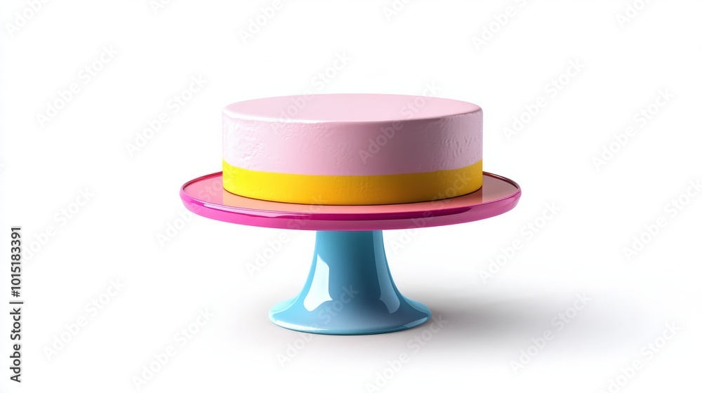 A mockup of a colorful cake stand displaying a single blank cake ...