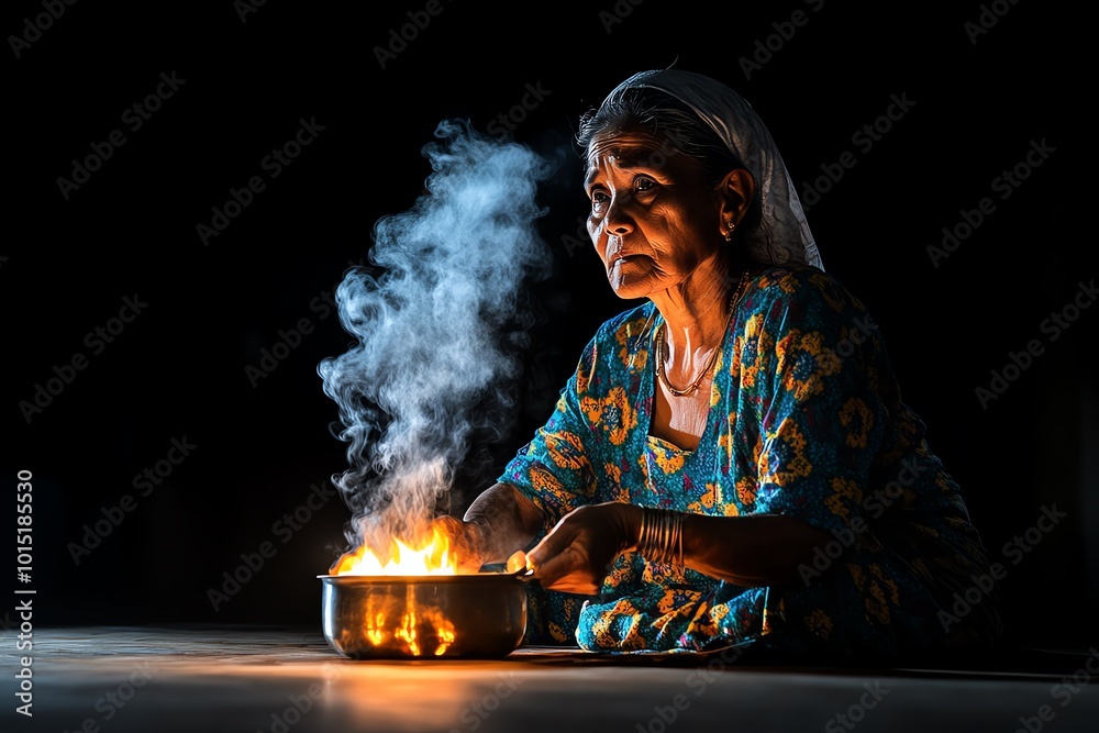 Hyper-realistic scene of a mother cooking over an open fire, with smoke ...