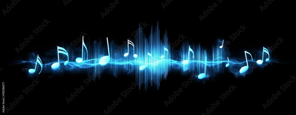Sound wave with musical notes in vibrant blue on a black background ...