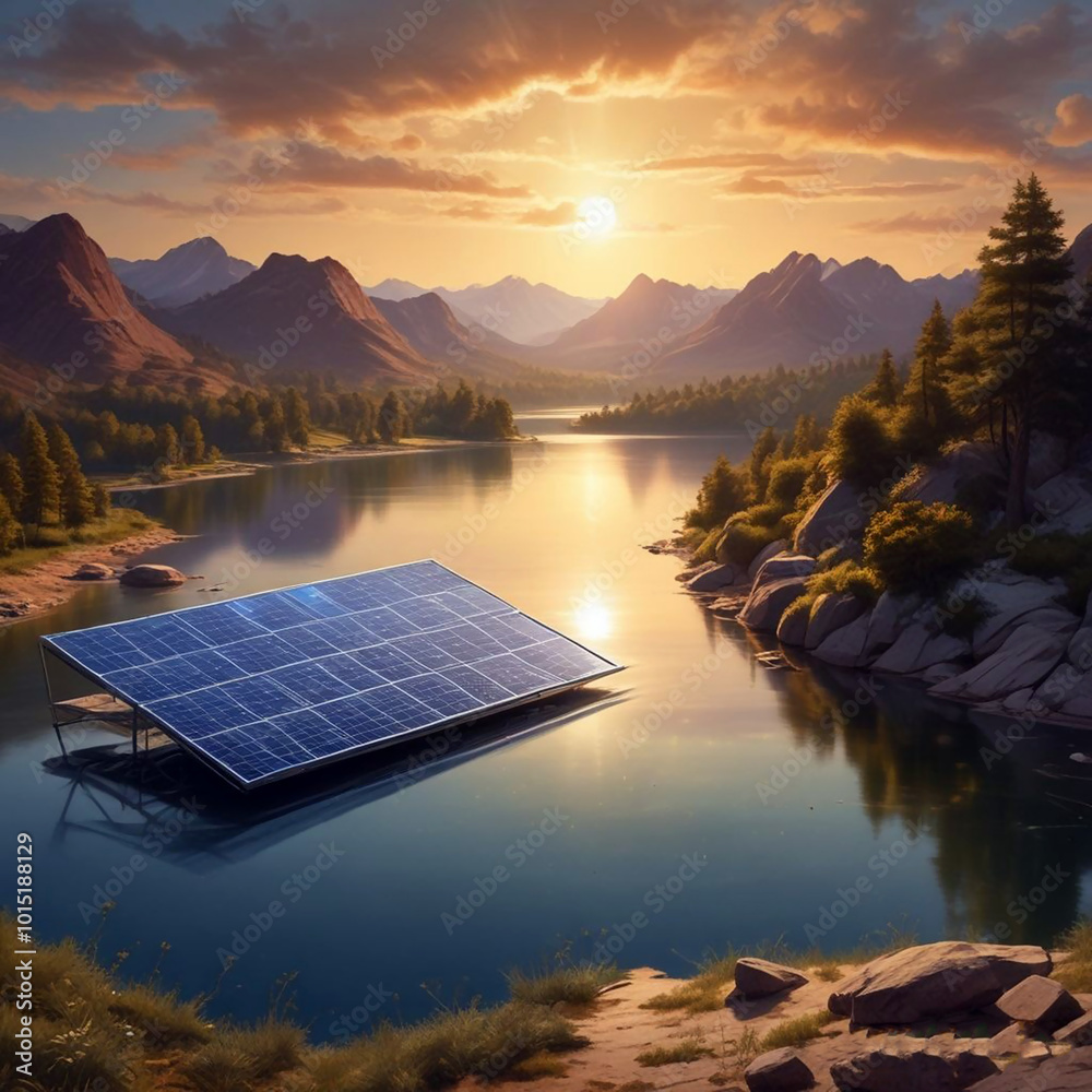 Realistic illustration of solar panel on the surface of lake with ...