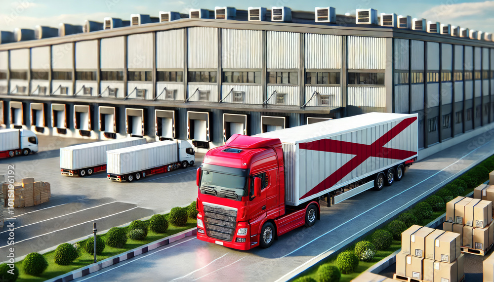 Red semi-truck with Alabama flag trailer at a large logistics warehouse ...